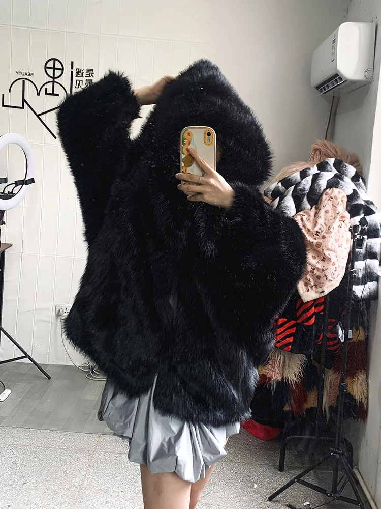 Nerazzurri Autumn Winter Oversized White Black Warm Shaggy Hairy Faux Fur Coat Women with Hood ...