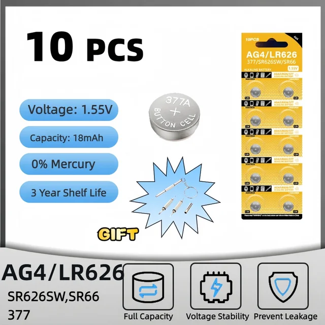Button Batteries 377 20-Pack AG4/SR626SW Button Cell Batteries - 1.55V ...