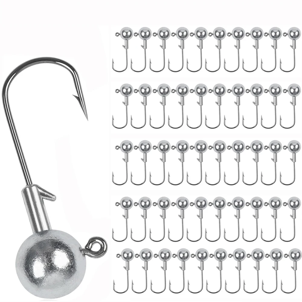 50Pcs-Jig-Head-Fishing-Hooks-Round-Head-Crappie-Jigs-Worm-Hook ...