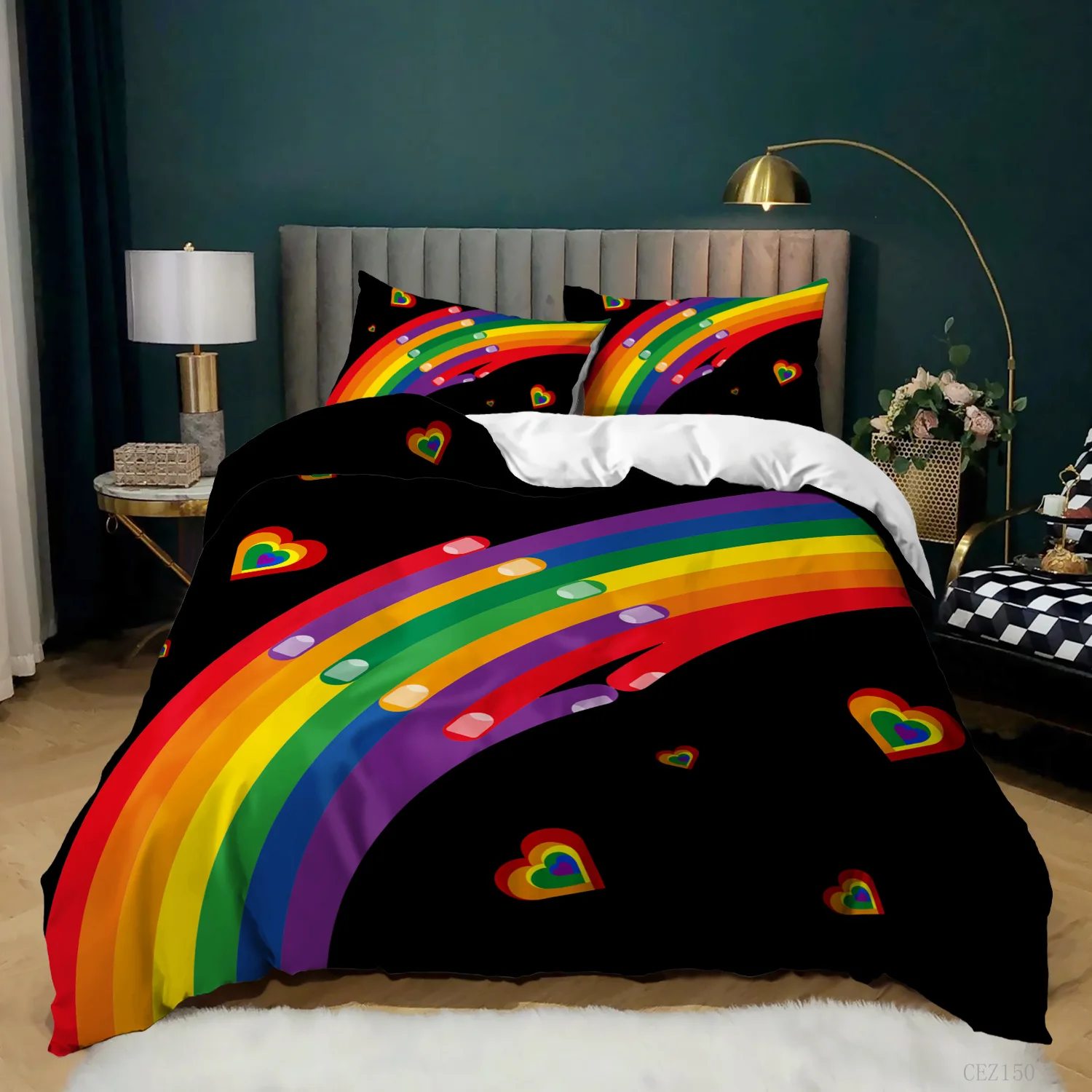 Rainbow-Duvet-Cover-King-Queen-Size-Abstract-Rainbow-Heart-Bedding-Set ...