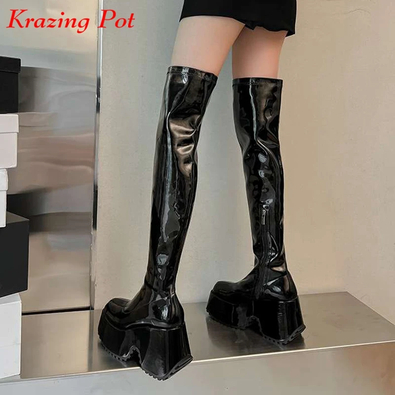 Krazing Pot Microfiber Square Toe Super High Heels Winter Elastic Boots ...