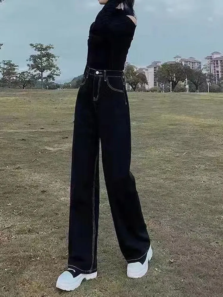 한국 스타일 하이 웨스트 스트레이트 청바지 여성용 느슨한 슬리밍 다목적 드레이프 와이드 레그 걸레 바지 대형 사이즈