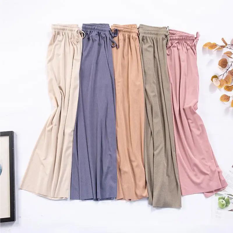 2024 New Women Pants Summer Ice Silk Wide Leg Pants High Waist Elastic ...