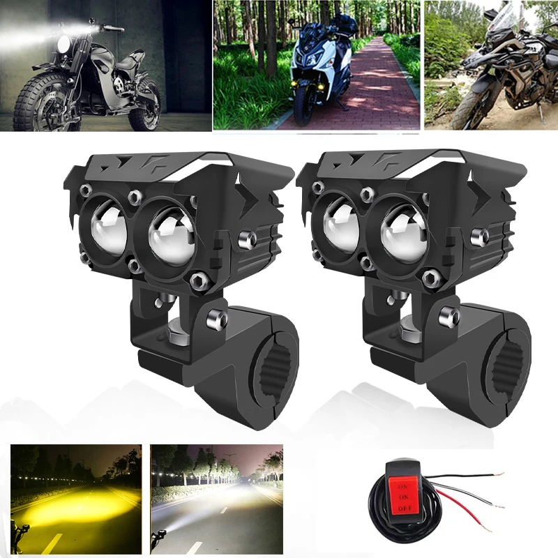 Motorcycle-LED-2-Lens-Spotlight-Double-Lenses-White-Yellow-Hi-Low-Beam ...