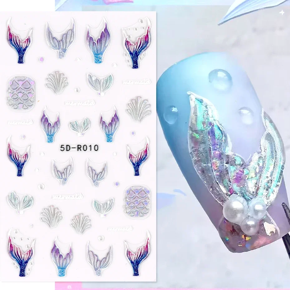 Mermaid-Jellyfish-Fish-Tail-Nail-Stickers-5D-Embossed-Laser-Aurora-Blue ...