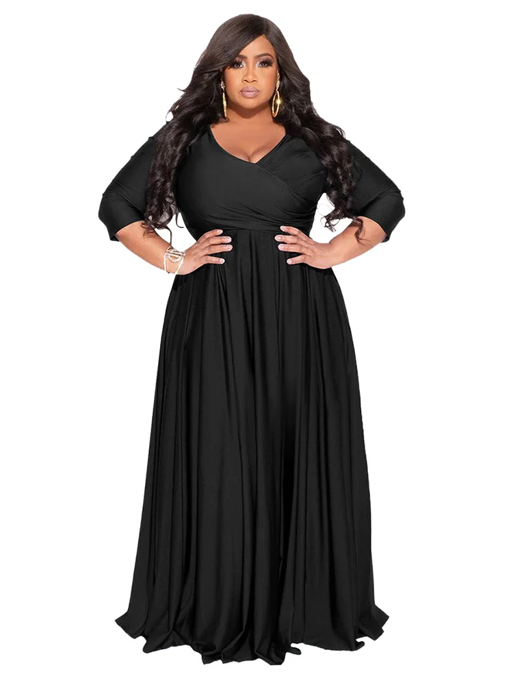 4XL-Plus-Size-Long-Dresses-Women-Lace-Up-High-Waist-V-Neck-Robes-Spring ...