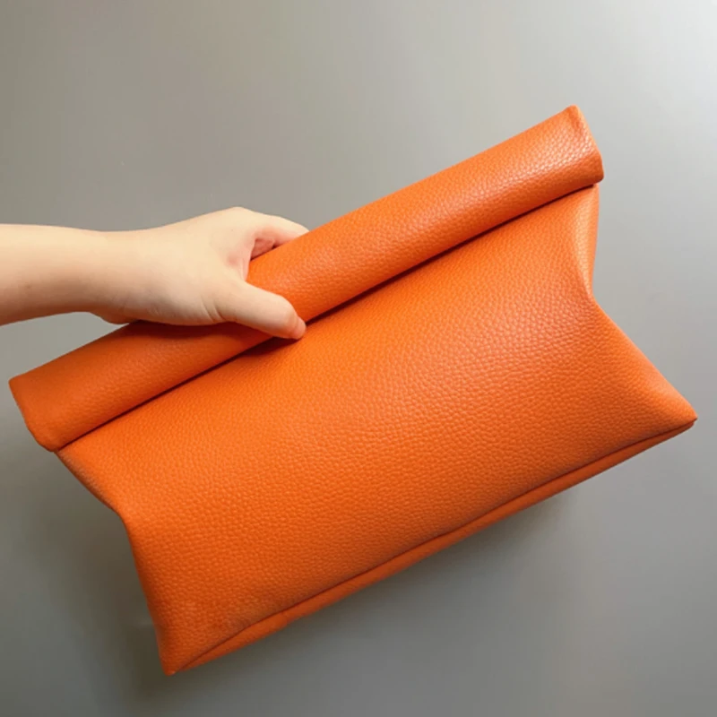 Orange Simple Soft PU Leather Rolled Edge Clutch Bag Women Handbag ...