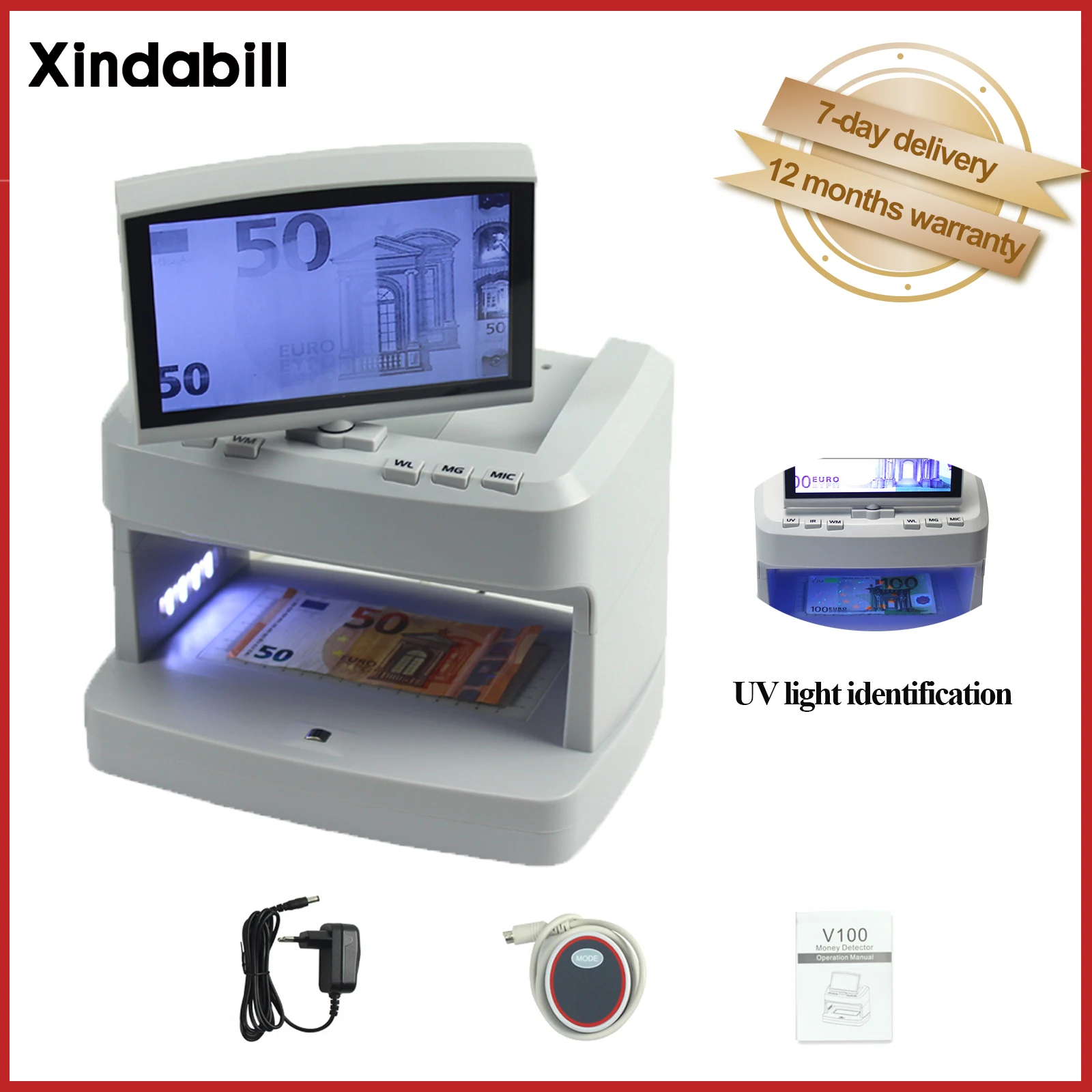 V100 Money Detector UV/MG/IR/WM Bill Cash Checker Multi Currency ...