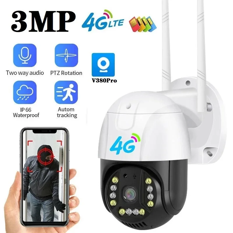 3MP 4G Sim Card Video Surveillance Wireless Camera Auto Tracking Motion ...