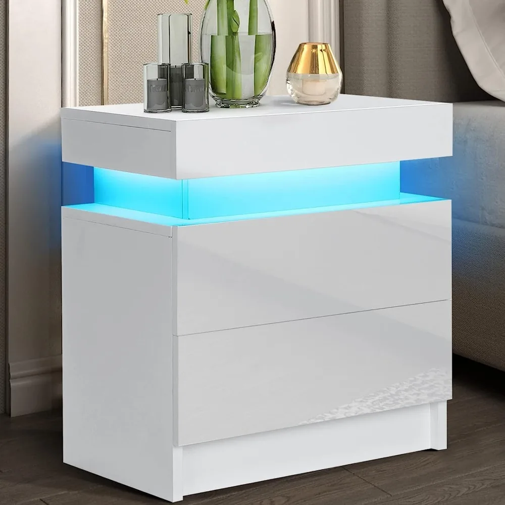 Mini Bedside Table Modern Bedside Table With LED Light Wood Matte ...