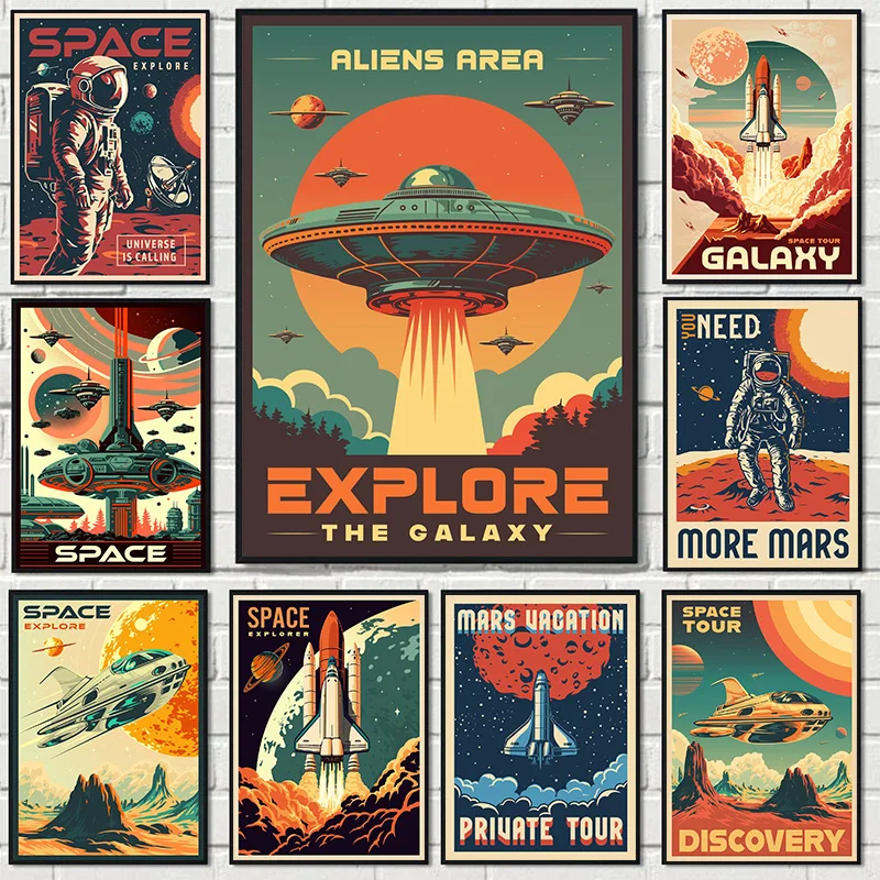 Funny-Space-Explore-Poster-Cartoon-Astronaut-Aliens-Spacecraft-Vintage ...