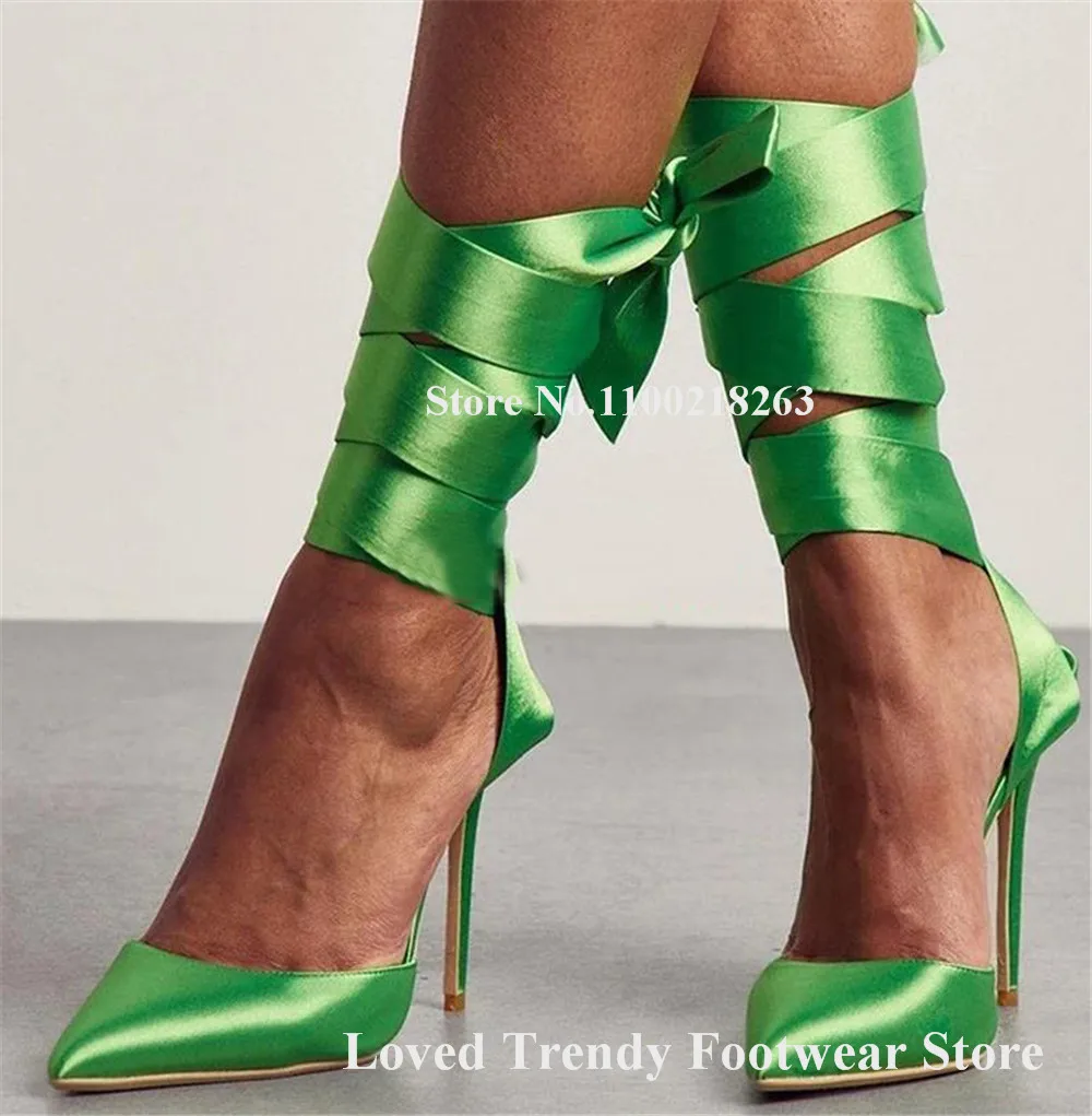 Green-Pink-Satin-Straps-Cross-Thin-Heel-Pumps-Women-Elegant-Pointed-Toe ...