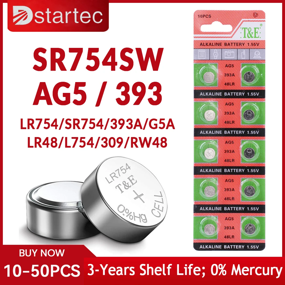 10-50PCS 1.55V AG5 LR754 Button Batteries SR754 193 393 Round Cell Coin ...
