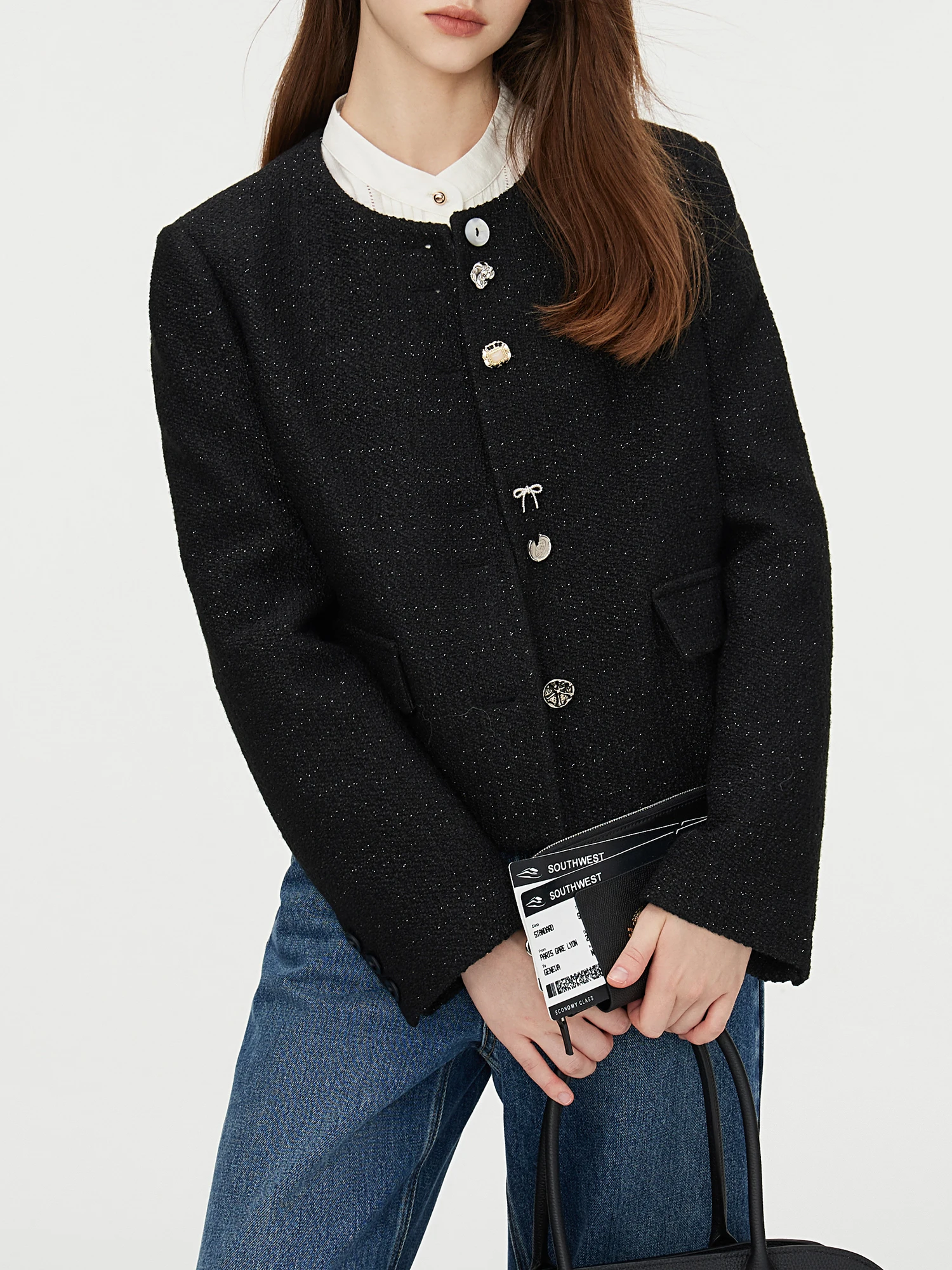 FSLE-Women-Tweed-Jackets-Round-Neck-Front-Shoulder-Black-Short-Coats ...