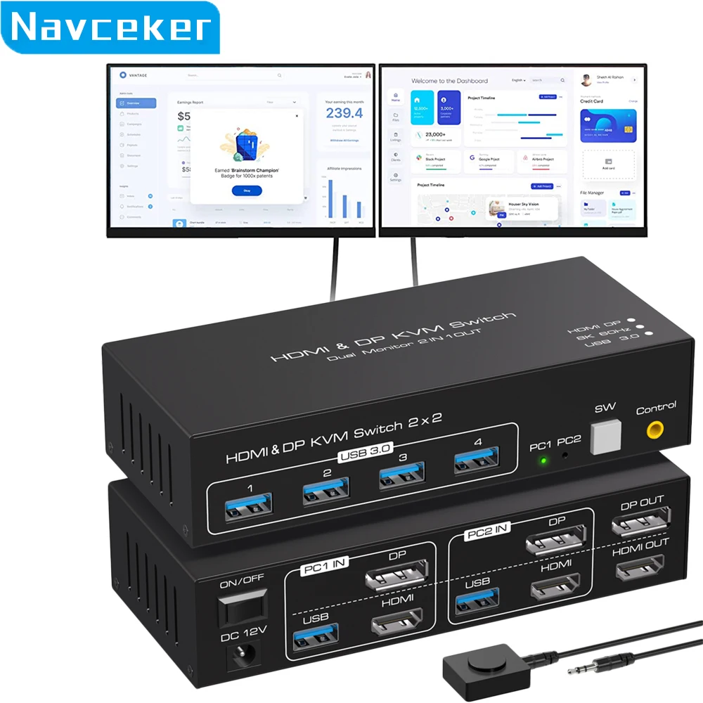 Navceker 2x2 HDMI DP KVM switch 4K 120Hz Dual Monitor Extended Display 8K USB KVM Switcher 2 in ...