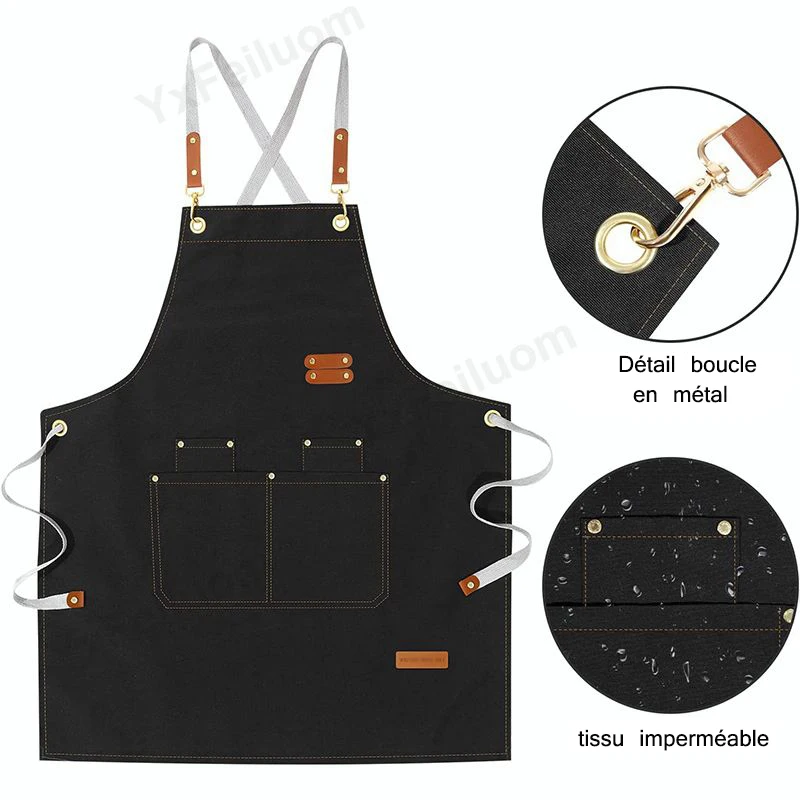 Cross Back Kitchen Apron Waterproof Canvas Chef Apron With Large Pocket ...