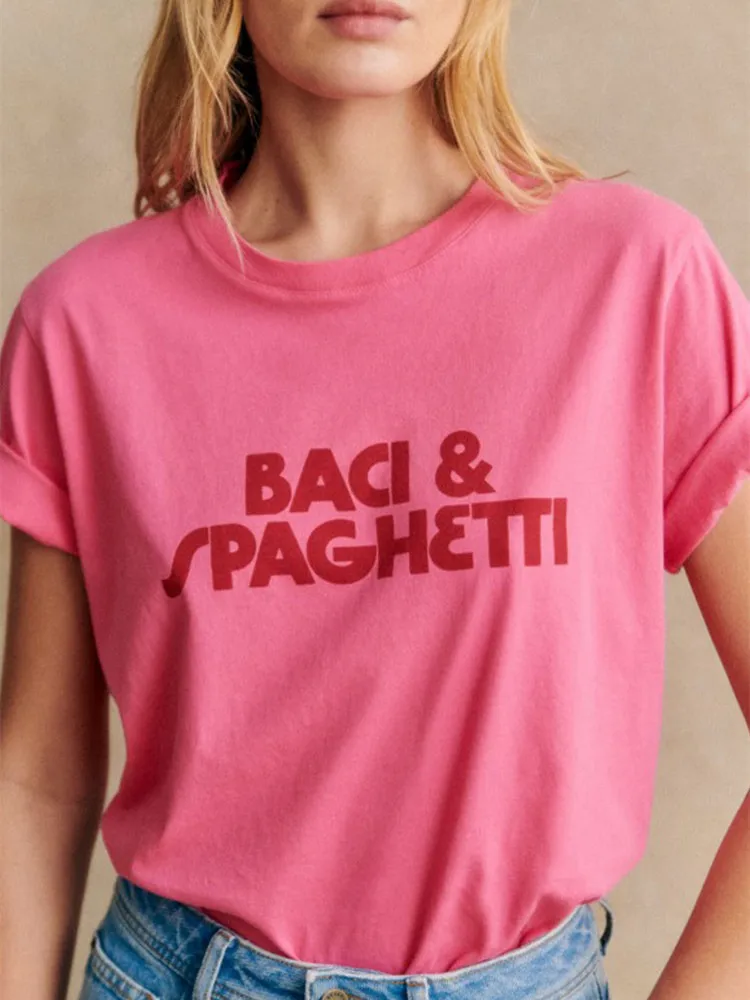 Summer-New-Women-Letter-Print-Pink-T-Shirt-Female-Short-Sleeve-Cotton-O ...
