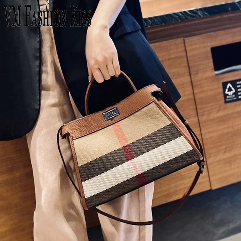 VM FASHION KISS 2023 Stripes Canvas +Genuine Leather 30CM Small Trapeze ...