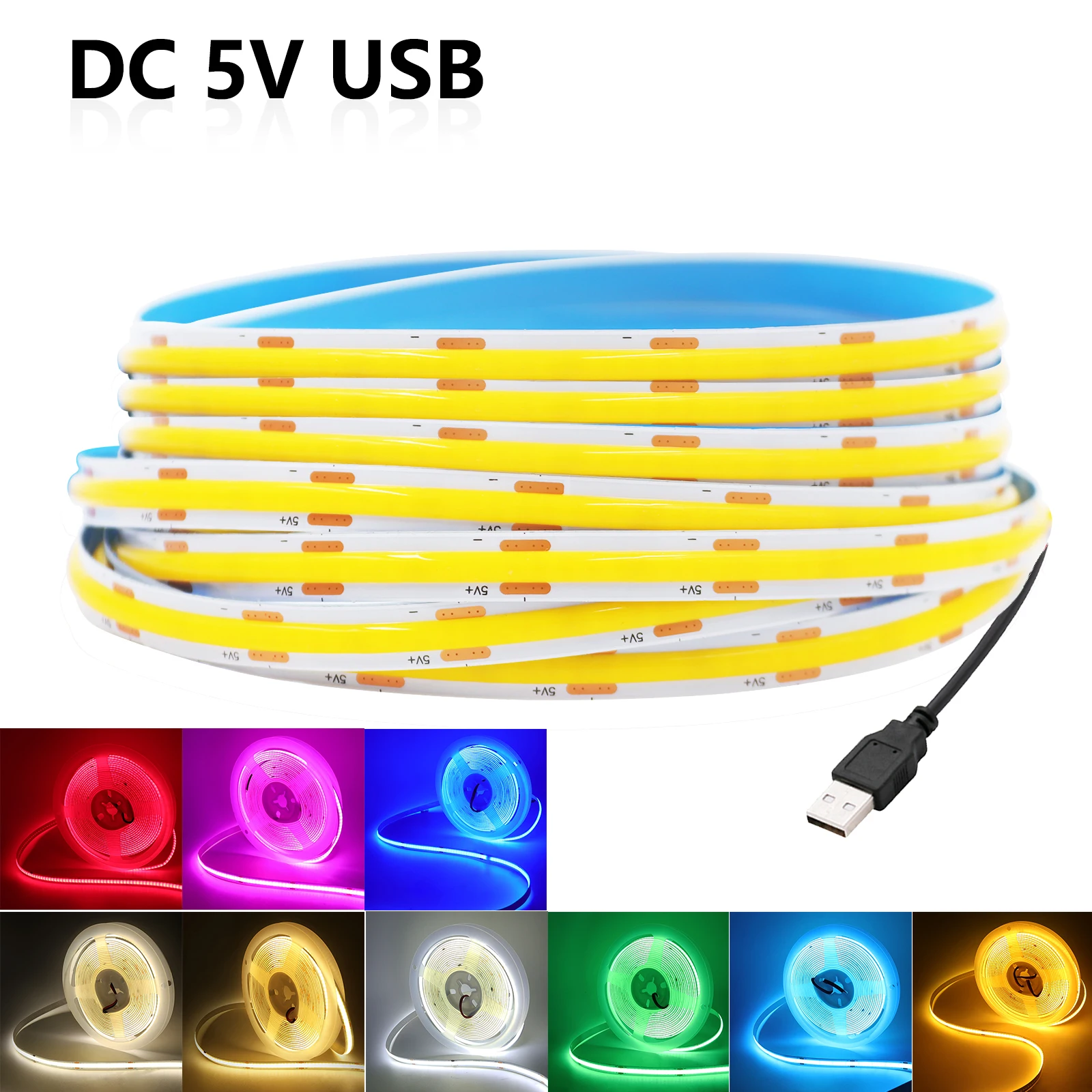 DC 5V USB COB LED Strip Red Ice Blue Green Pink Yellow Warm White Light ...