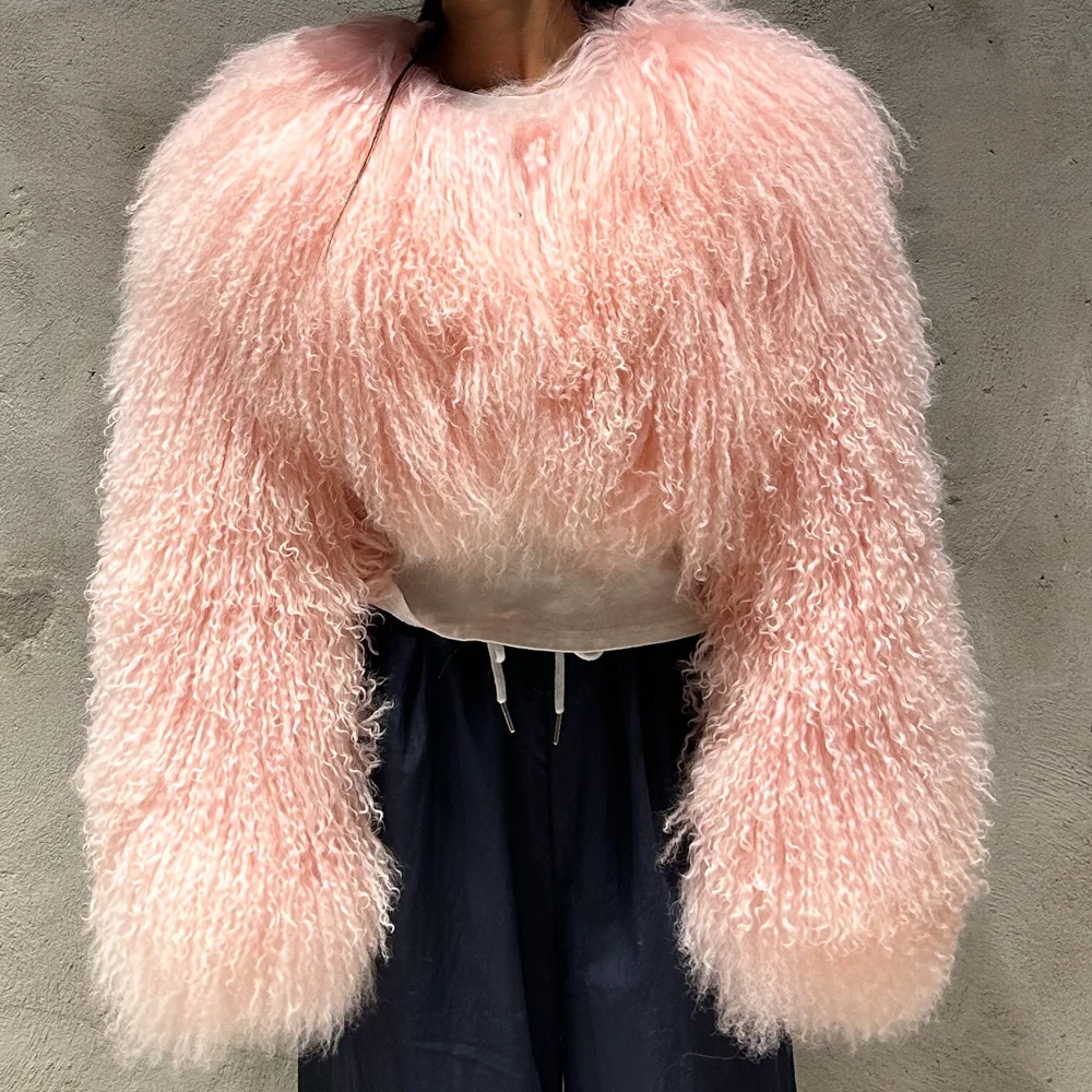 Pink Cropped Mongolian Fur Coat Warm Curly Fur jacket Winter Natural ...