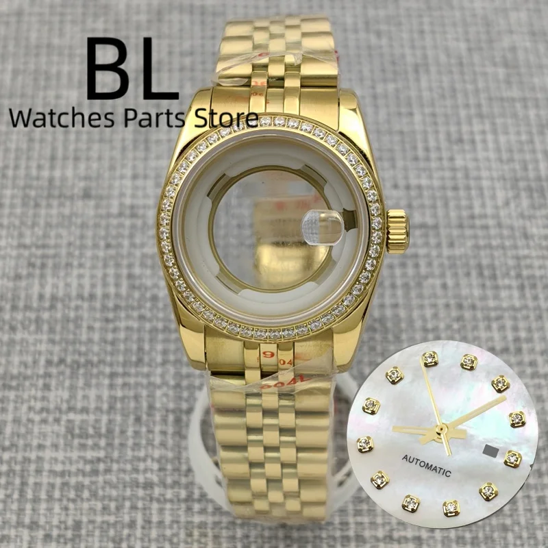 BLIGER 31mm Luxury Lady's Watch Case Full Gold Stainless Steel Diamond ...