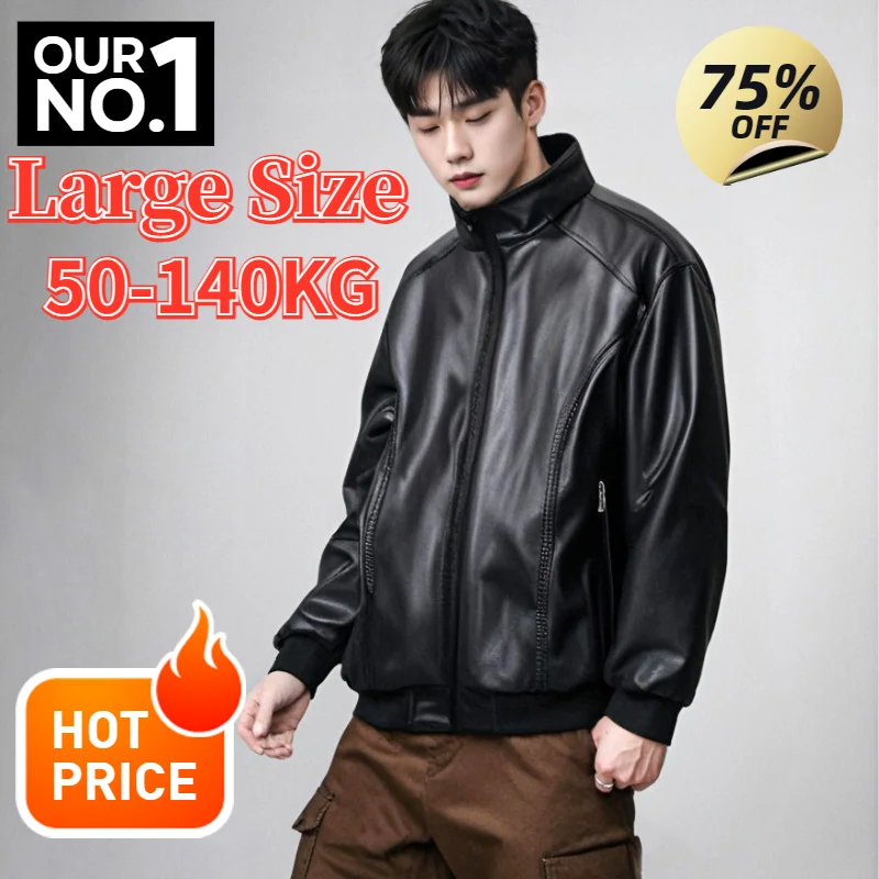 (50-142KG)Plus Size Leather Coat Leather Jacket Casual Motorcycle ...