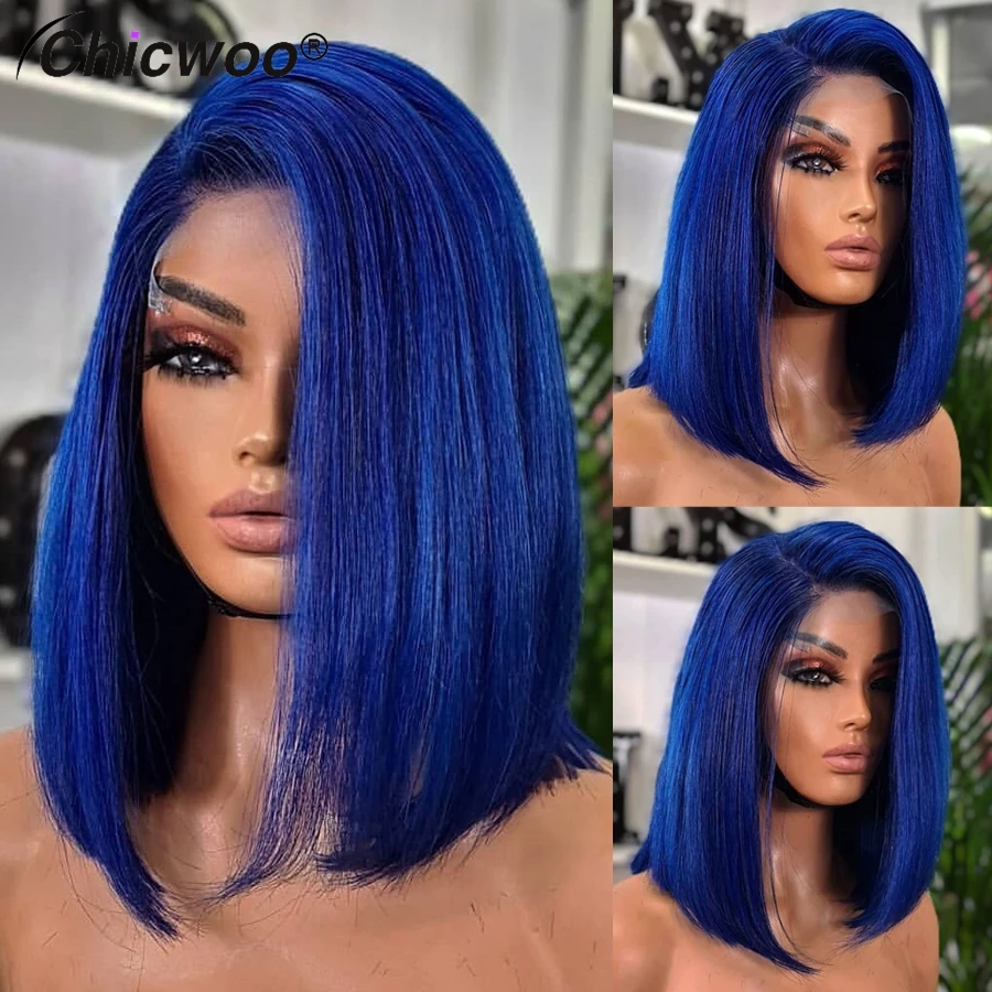 Dark-Blue-Silky-Straight-Short-Bob-Wig-with-Baby-Hair-Brazilian-Remy ...