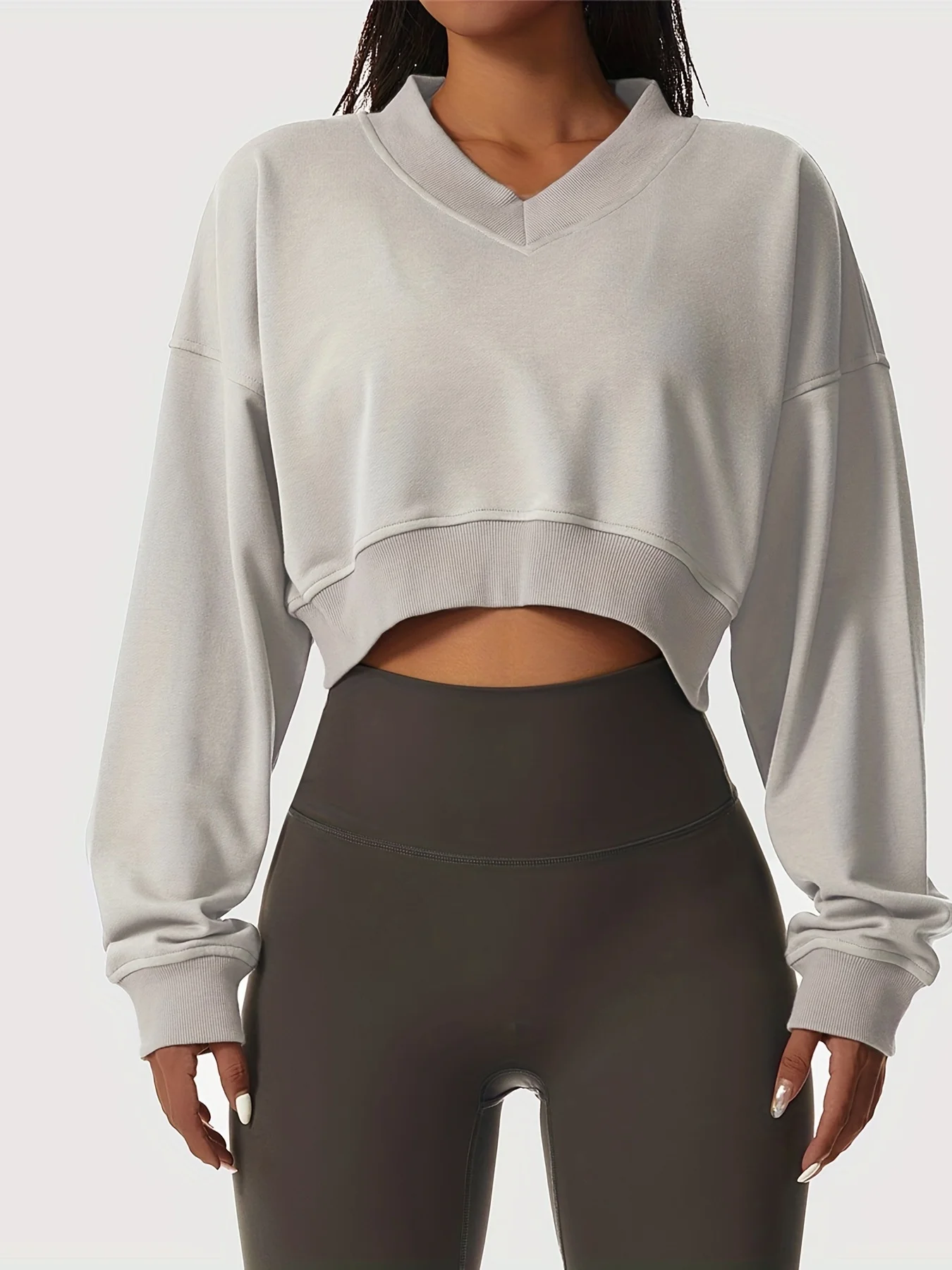 womens solid cropped long sleeve sweatshirts casual v neck pullover ...