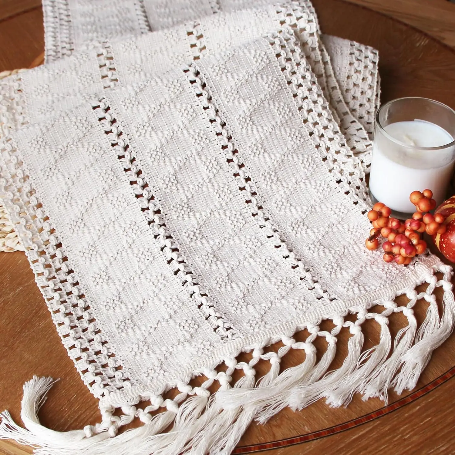 Beige-Boho-Table-Runner-with-Tassels-Hand-Woven-Table-Runner-Rustic ...