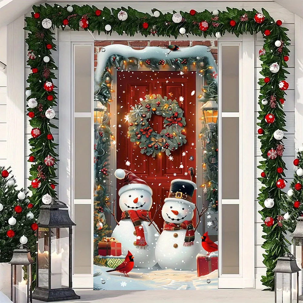 A-Christmas-door-panel-decoration-Polyester-snowman-and-wreath-holiday ...