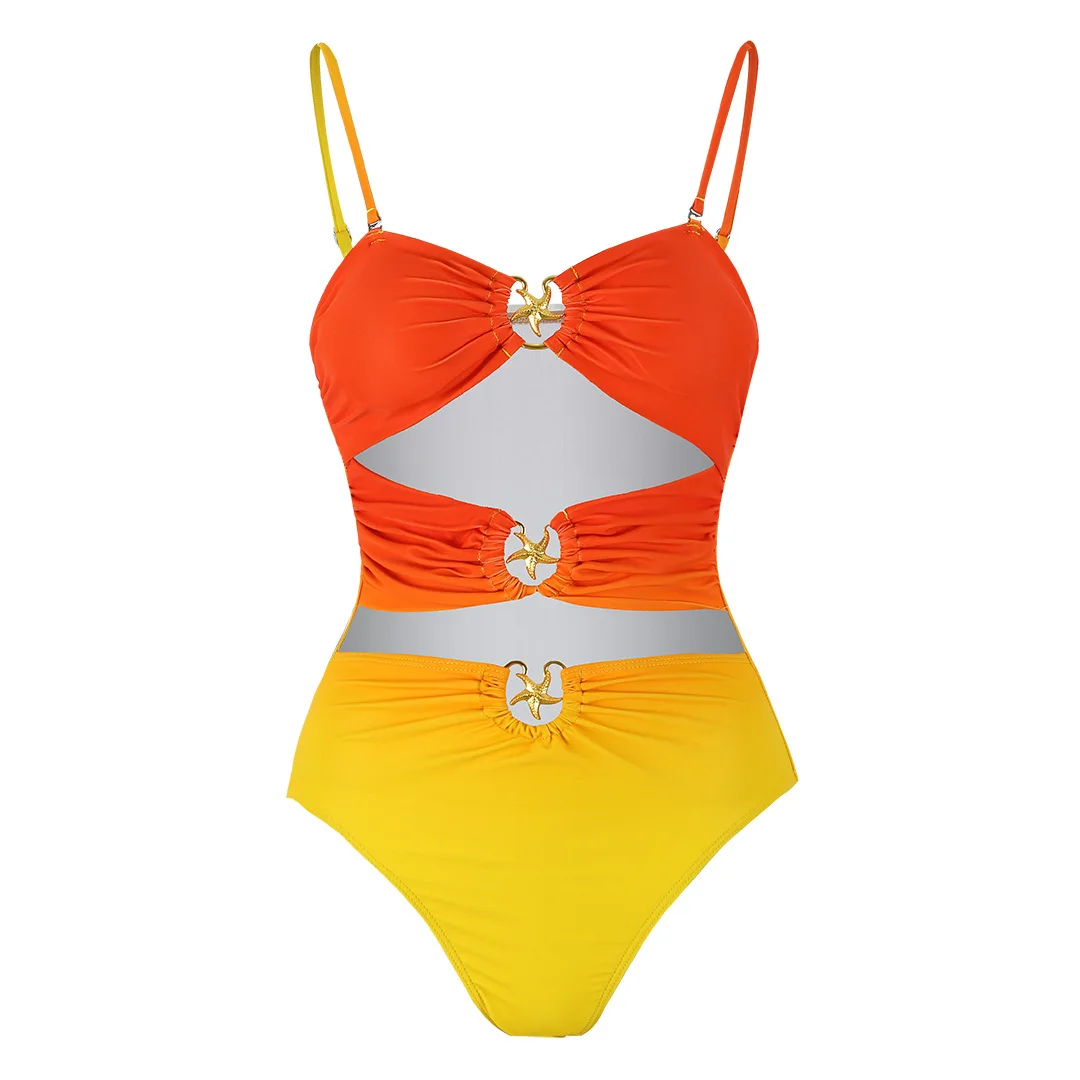 Sexy-Orange-Gradient-One-Piece-Swimsuit-2024-Women-Bandeau-Metal-Ring ...
