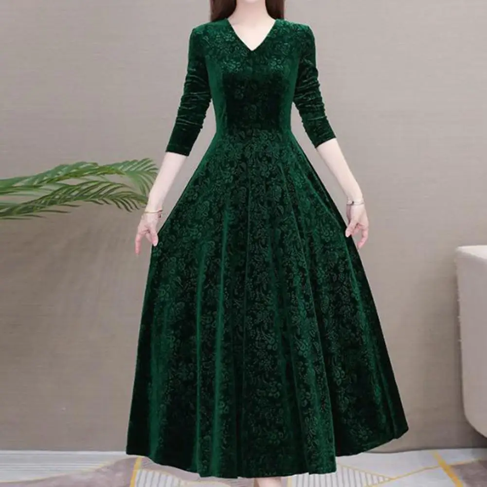 Robe-longue-en-velours-pliss-e-manches-longues-pour-femmes-ourlet-adt ...