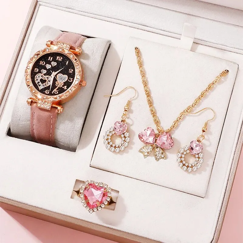 Luxury-Watch-Women-Ring-Necklace-Earring-Pink-Rhinestone-Heart-Fashion ...