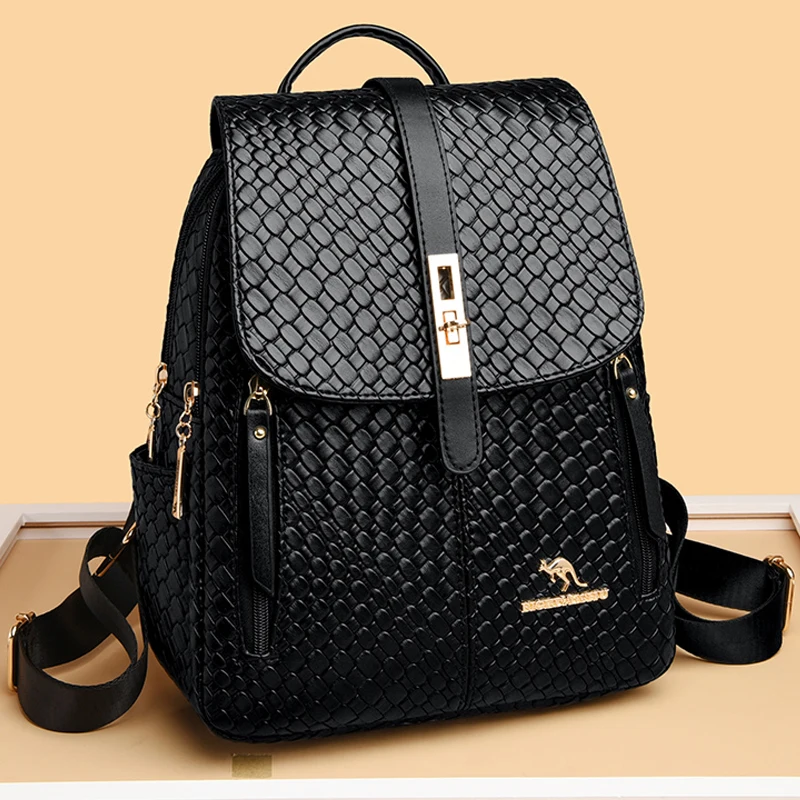 2024-Black-Pu-Leather-Backpack-Women-s-Designer-Mochilas-Multi-Layer ...