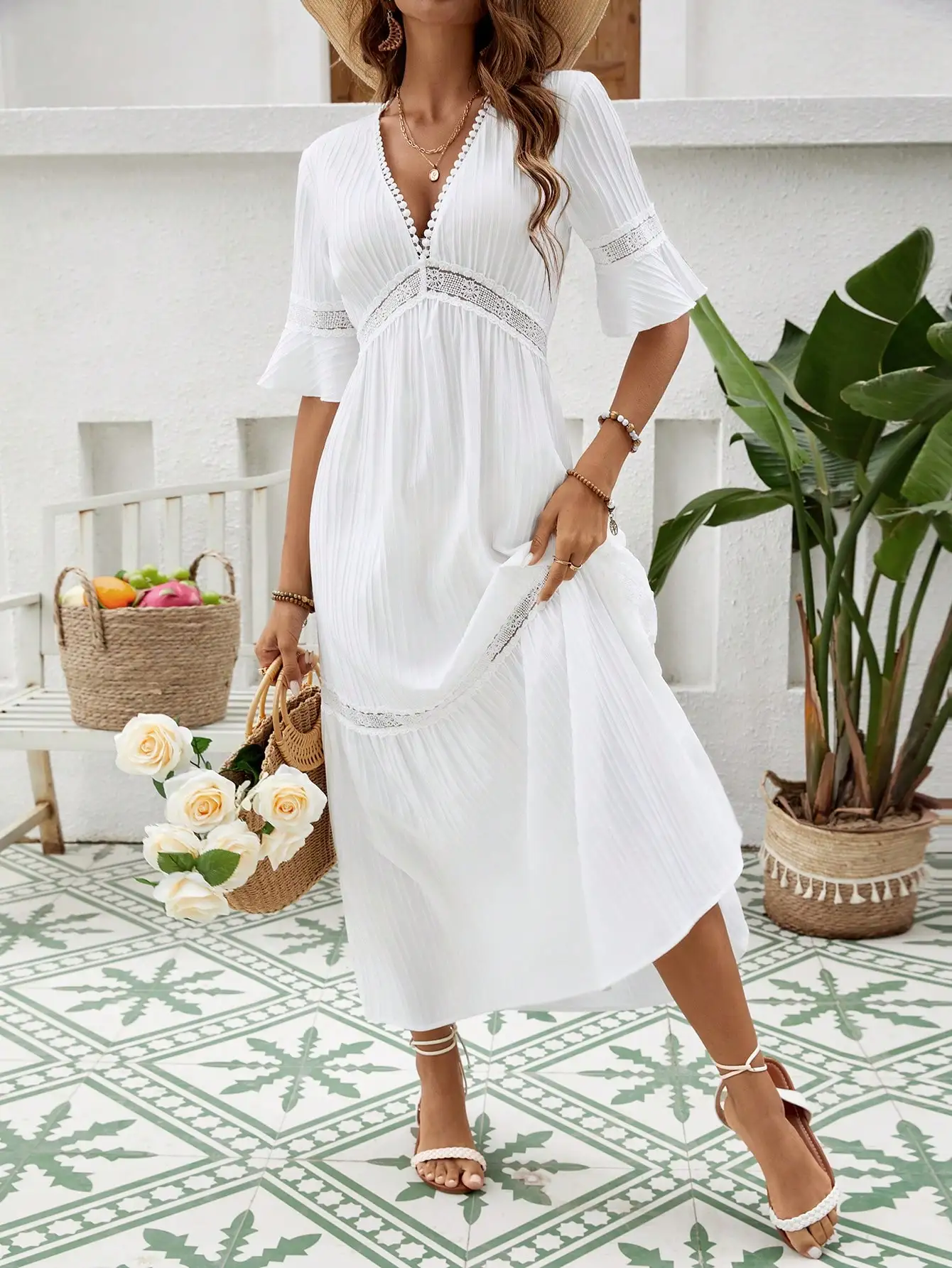 Women-s-Dress-Lace-V-Neck-Hollow-Button-Long-Short-Sleeve-Pure-White ...