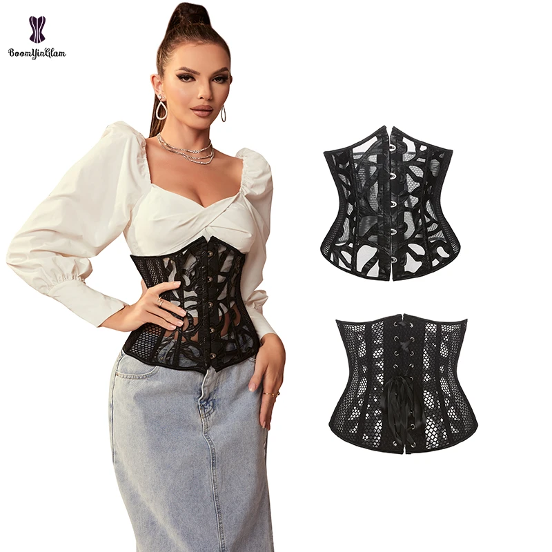 Summer Hollow Out Waist Cincher Shaper 5 Metal Busk Women Black Leather ...