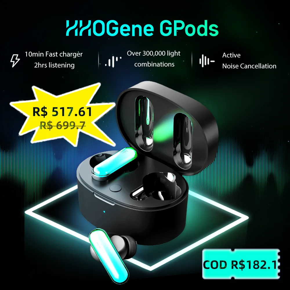 Hhogene gpods com controle de luz tws sem fio fones de ouvido anc completo rgb leds ipx4 ...