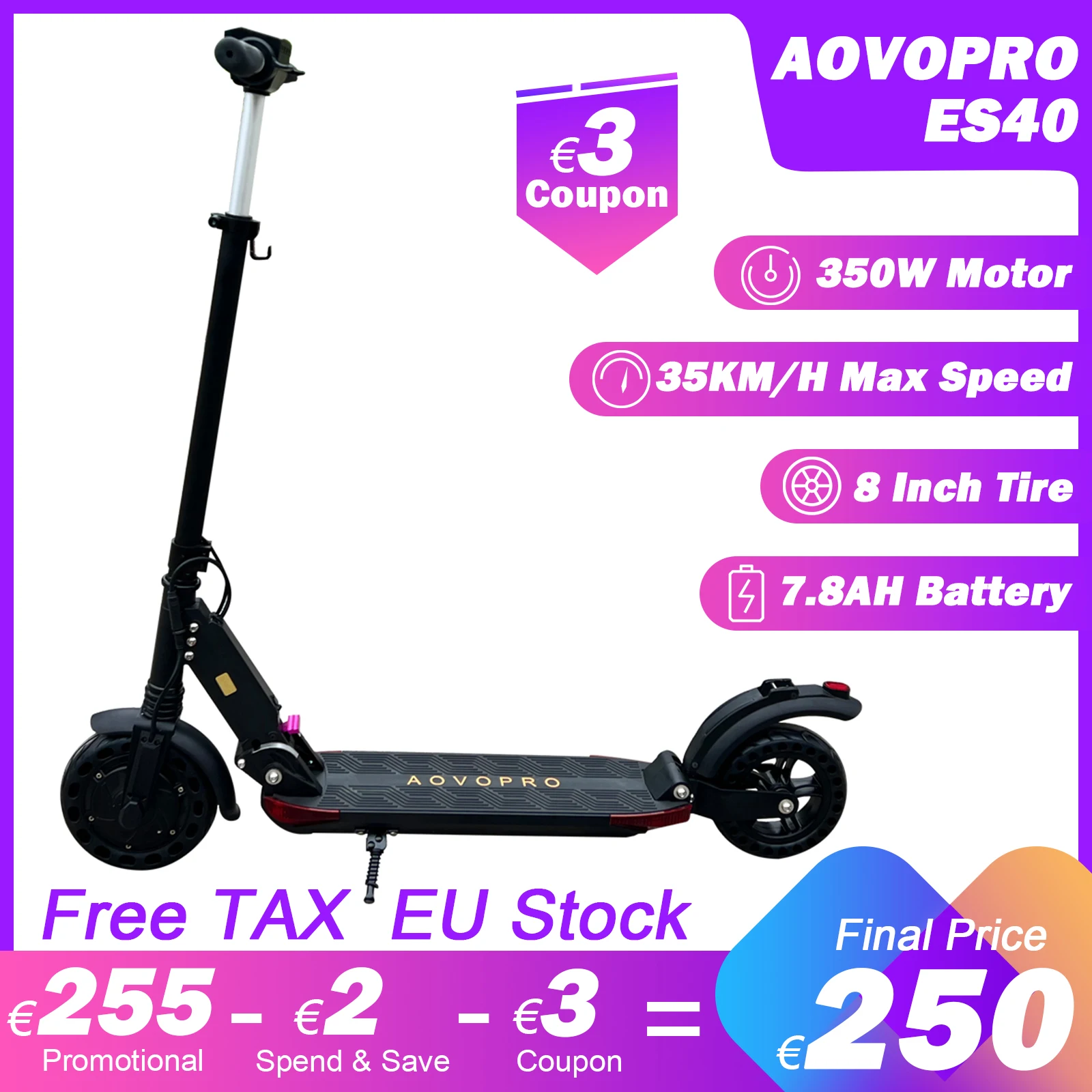 AOVOPRO ES40 350W Electric Scooter 35KM/H Fast 7.8AH Large Battery 20KM Dual Brake Folding ...