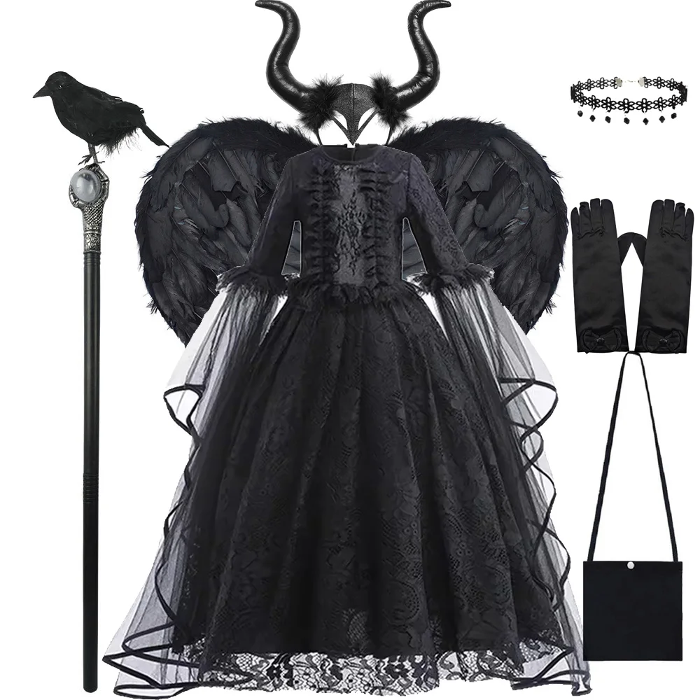 Maleficent Costume Kids Girls Halloween Evil Queen Lace Black Dress ...