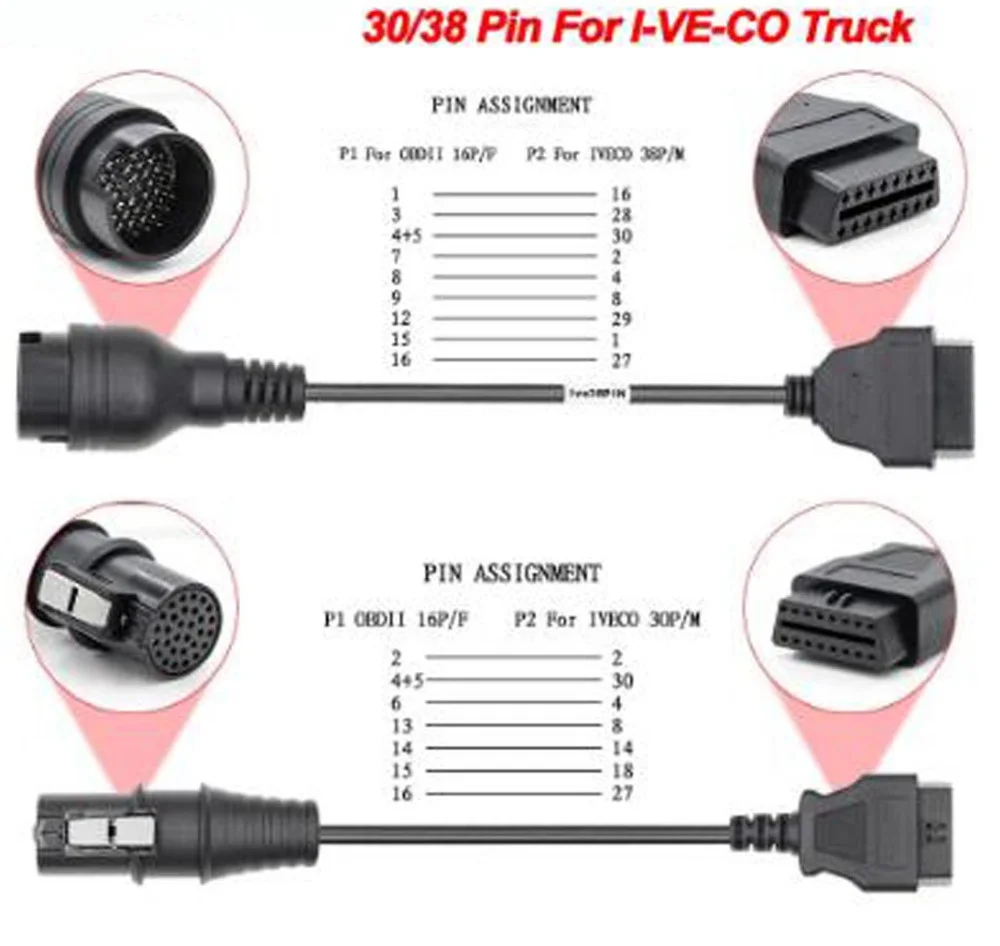 Obd2 Connector Adapter For Iveco Truck 30/38 Pin Obd To Obd2 16pin For ...