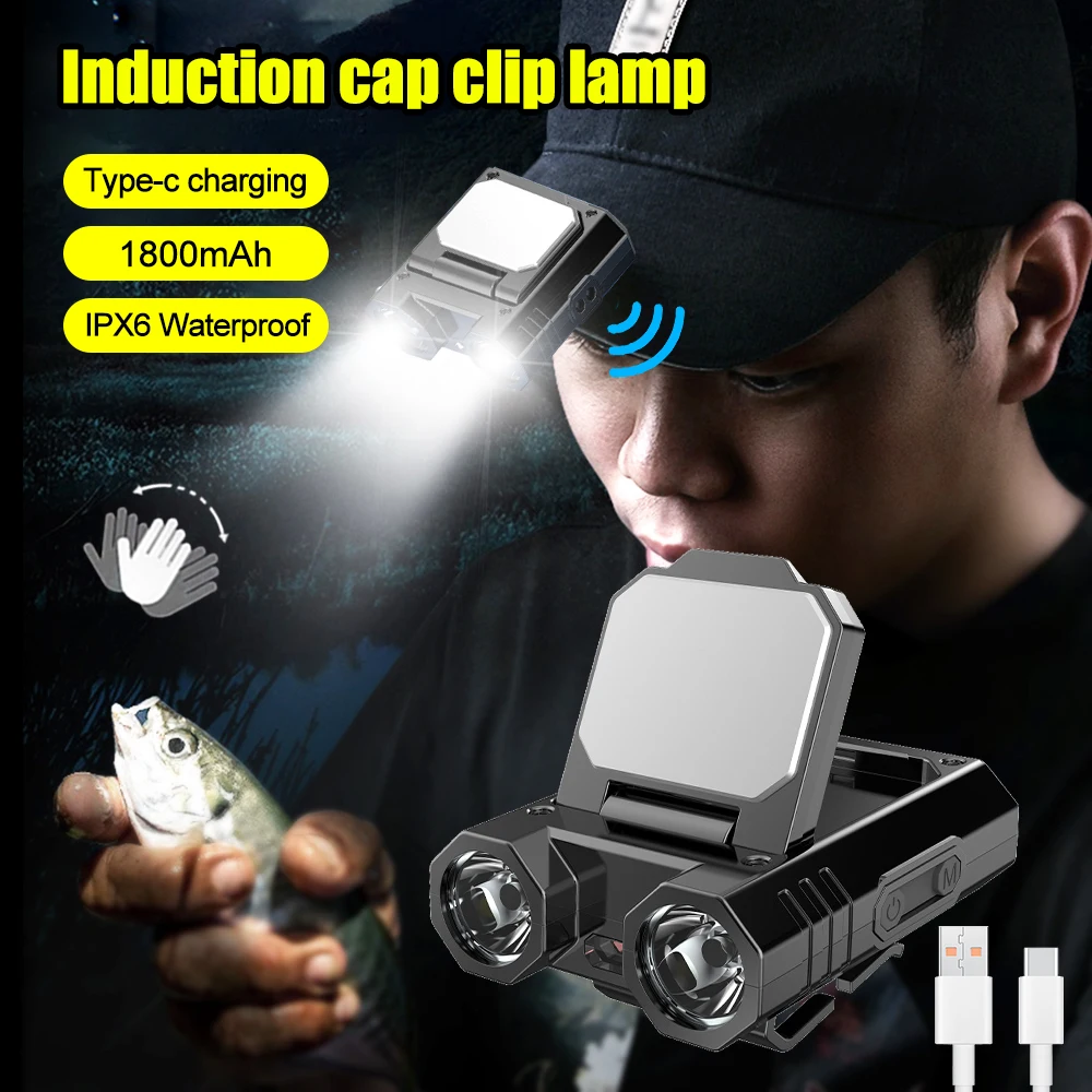 2 in 1 Induction Cap Clip Lamp LED Wave Sensor Headlamp 5 Modes USB ...