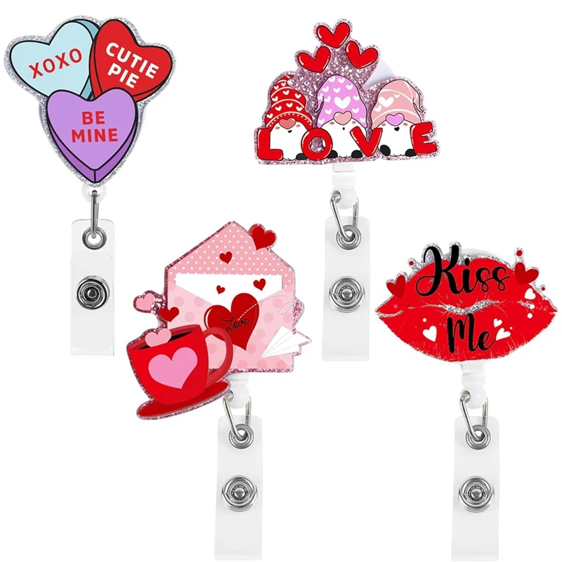 4-PCS-Badge-Holder-Reel-Clip-As-Shown-Plastic-Cute-Pink-Heart-Pattern ...