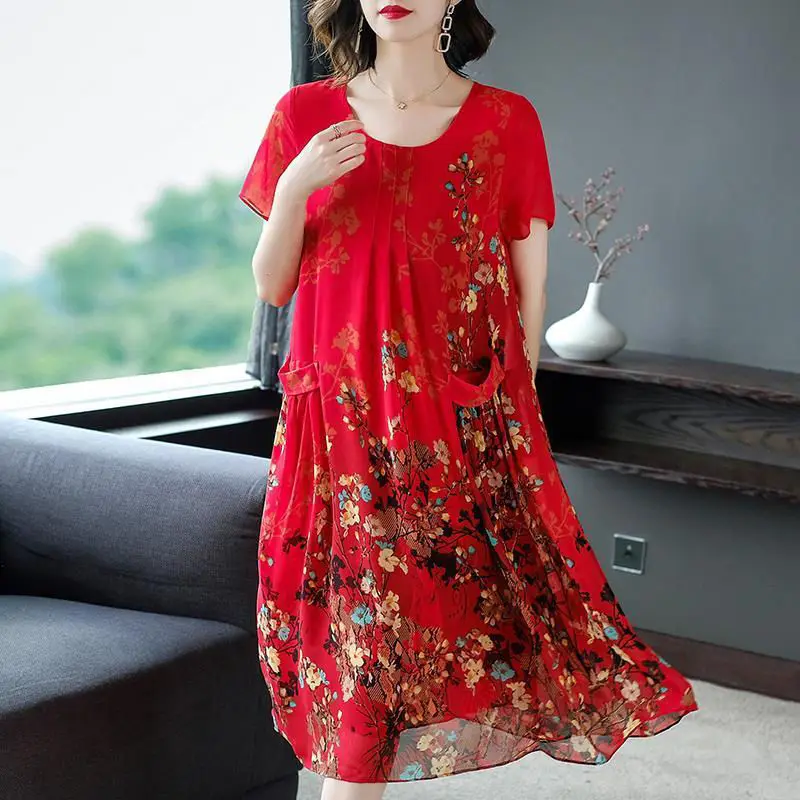 2023 Summer Short Sleeve Casual Stylish Round Neck Dresses Female Folds ...