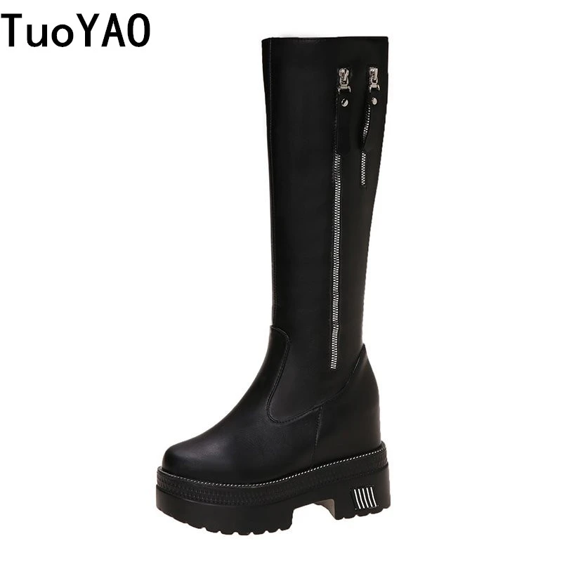 Women Chunky Platform Knee- High Boots Fashion Retro Punk Height ...