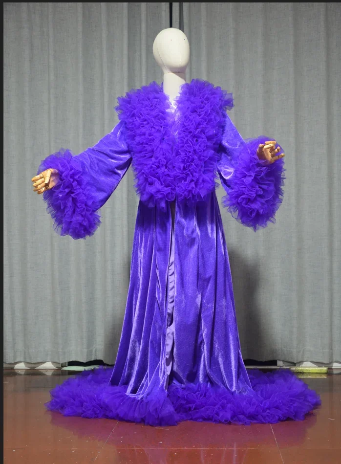 Velvet long sleeved jacket Fluffy ruffled tulle edge V-neck long jacket ...