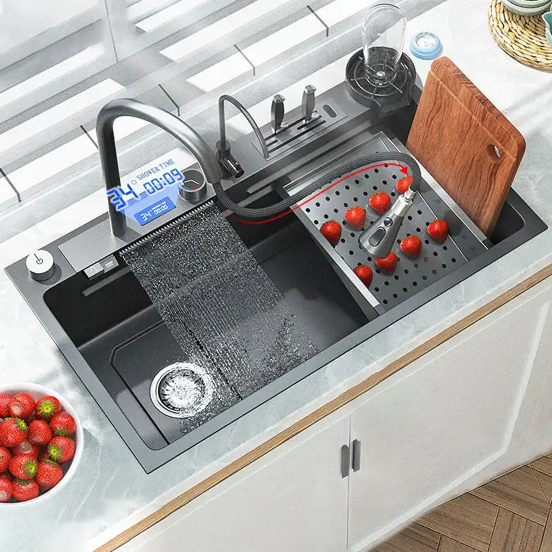 304-Stainless-Steel-Kitchen-Waterfall-Sink-Digital-Display-Large-Single ...