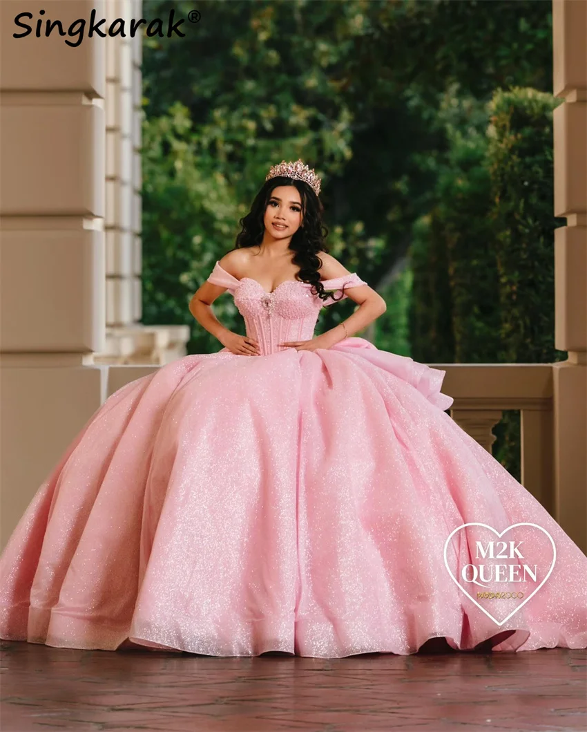 Glitter-Pink-Princess-Quinceanera-Dress-Off-Shoulder-Crystals ...