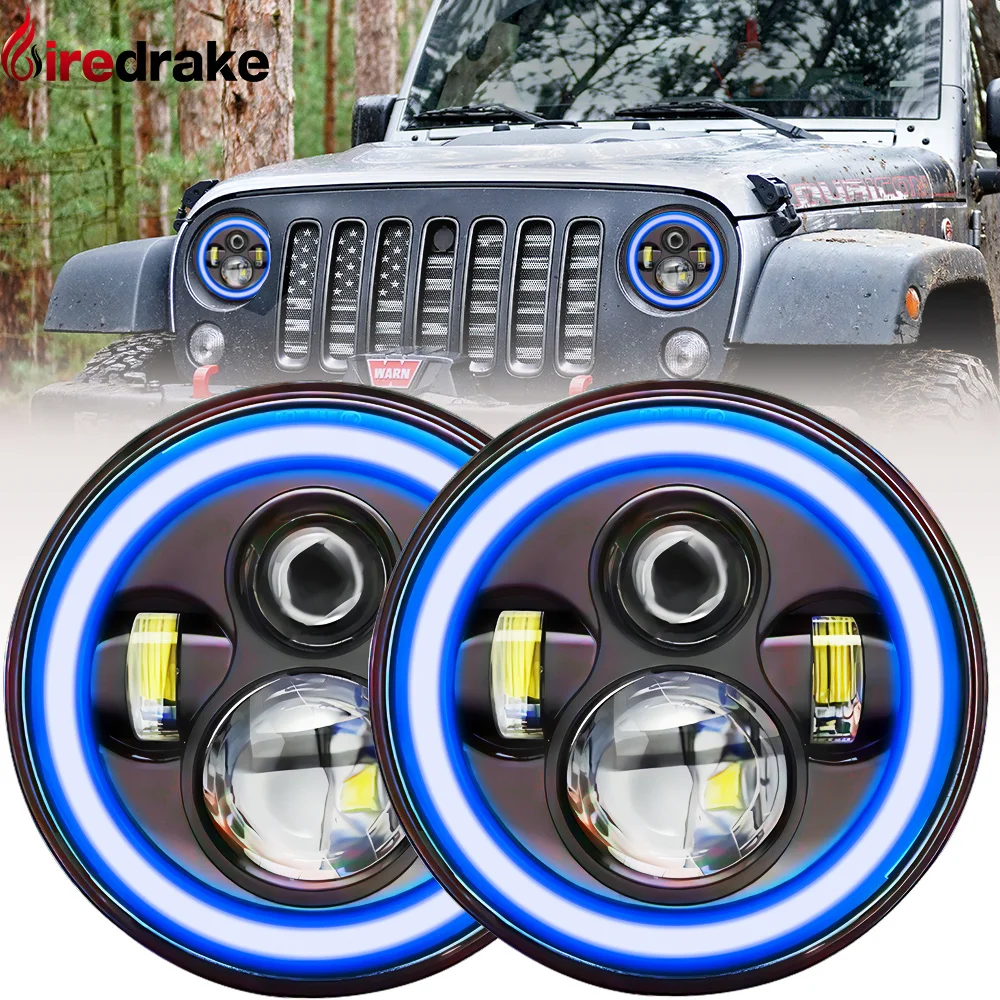 7-Inch-Round-LED-Headlight-H4-Blue-Halo-Angel-Eyes-Jeep-Wrangler ...