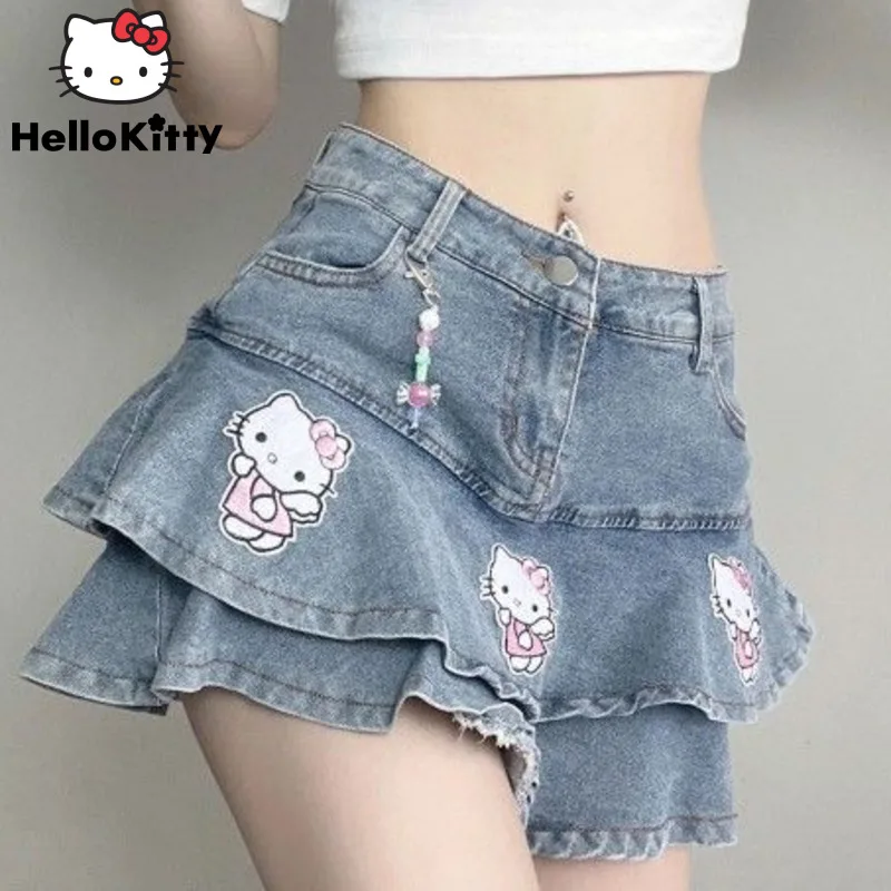 Women Hello Kitty Kawaii Mini Skirt Y2k Hot Sweet Girl Print Denim ...