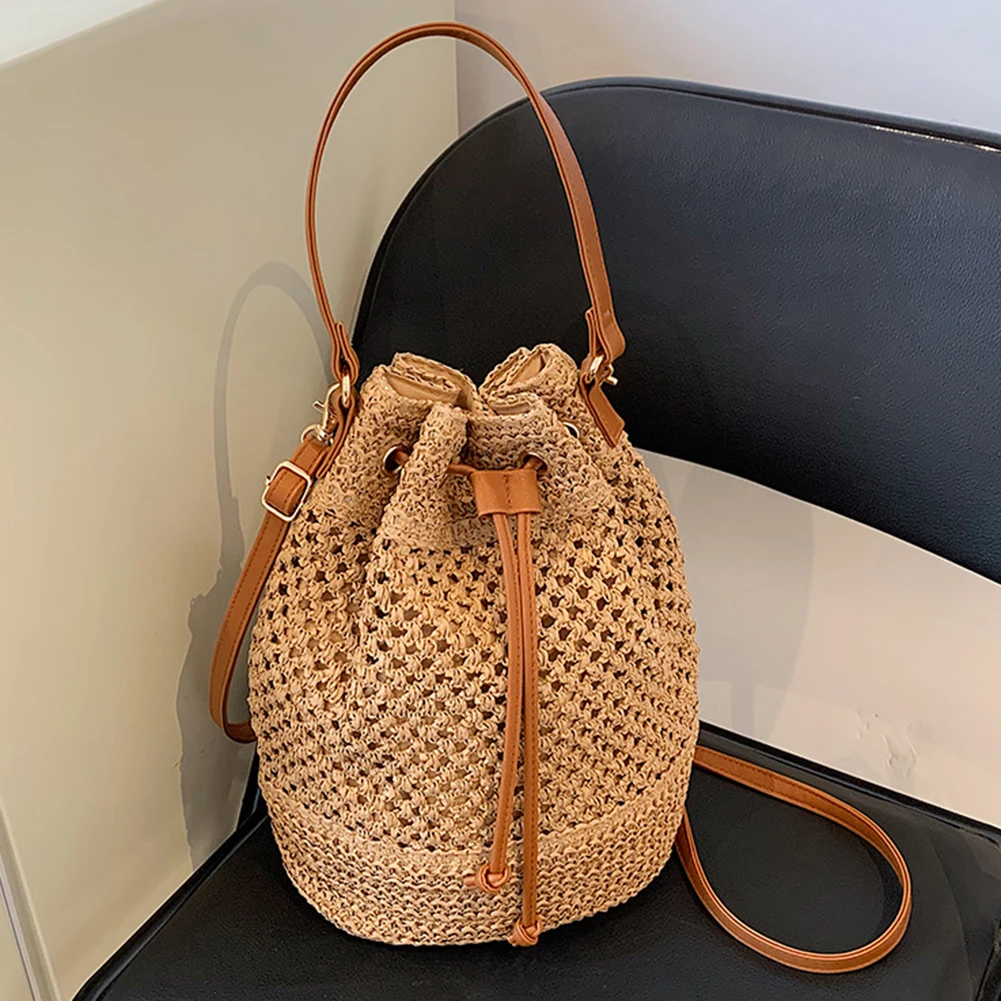 Summer Straw Shoulder Bags Drawstring Women's Straw Bucket Bag Purse ...